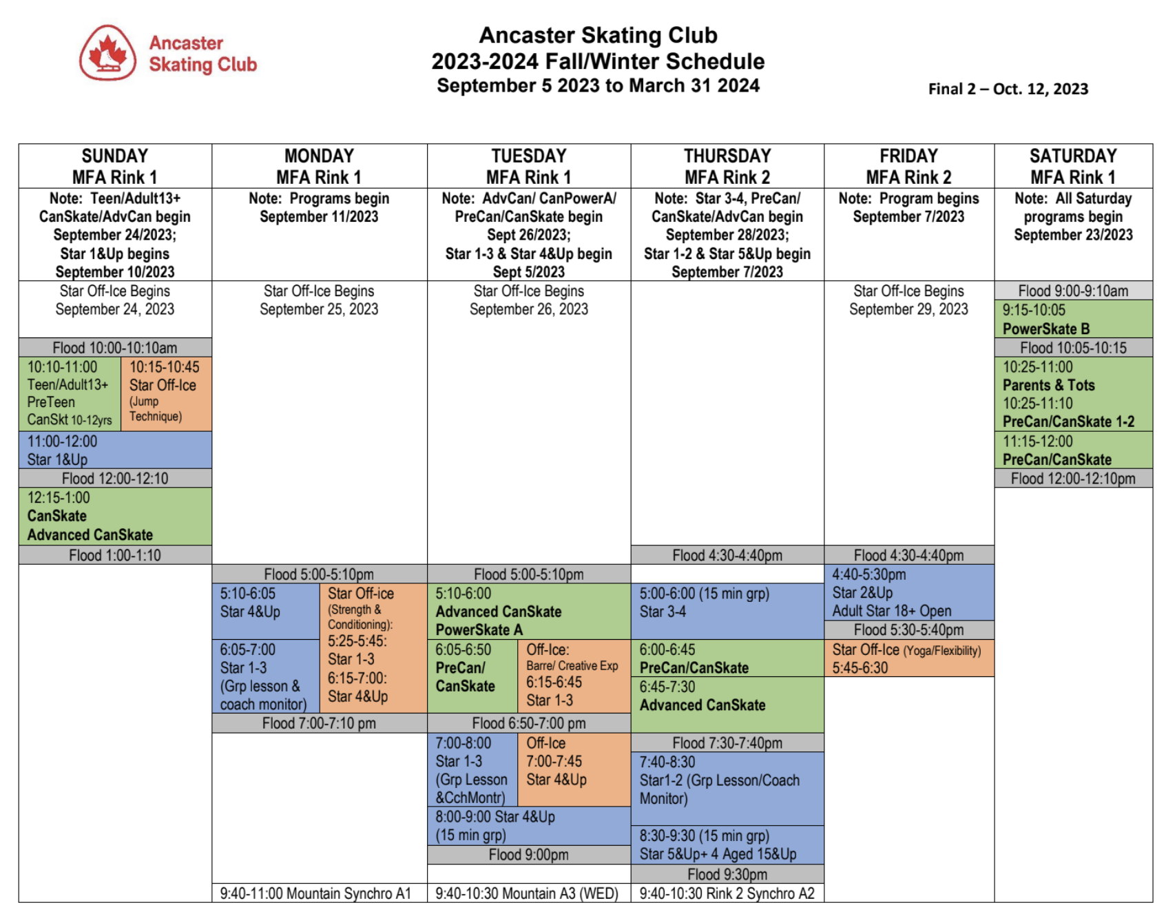 Schedules & Calendar | Ancaster Skating Club
